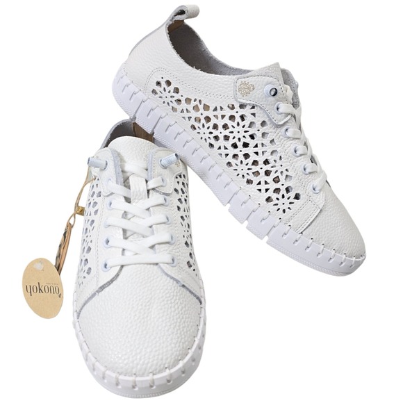 yokono | Shoes | Yokono White Leather Laser Cut Out Lace Up Comfort ...
